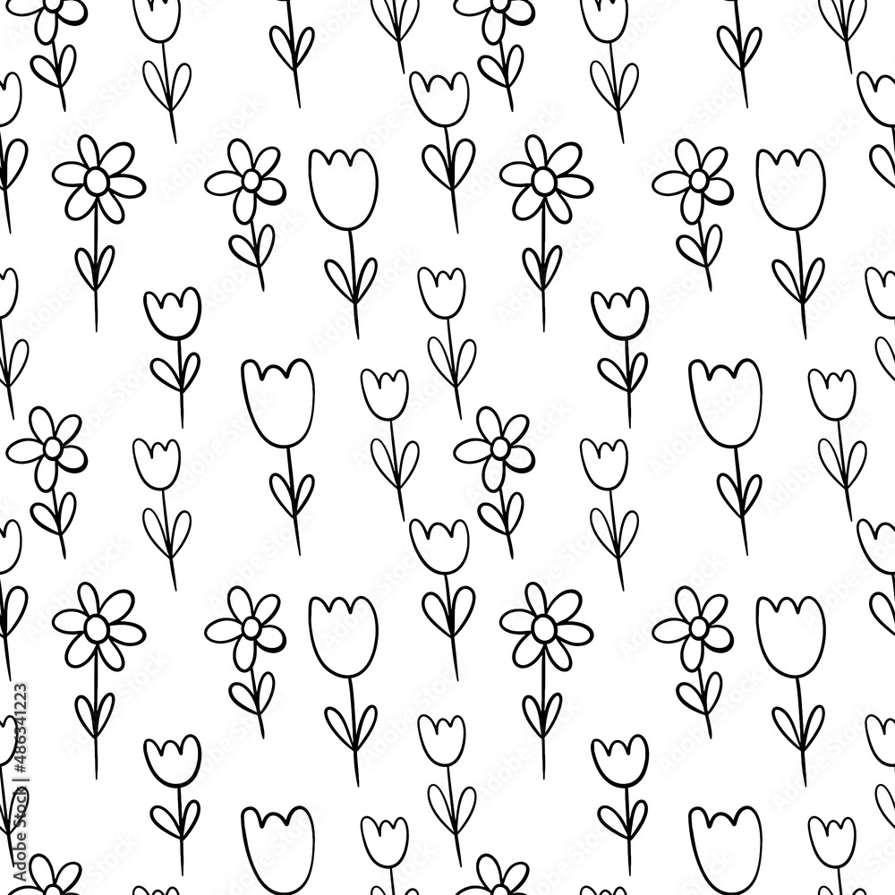 Flower cartoon vector illustration doodle style seamless pattern. Stock Vector | Adobe Stock