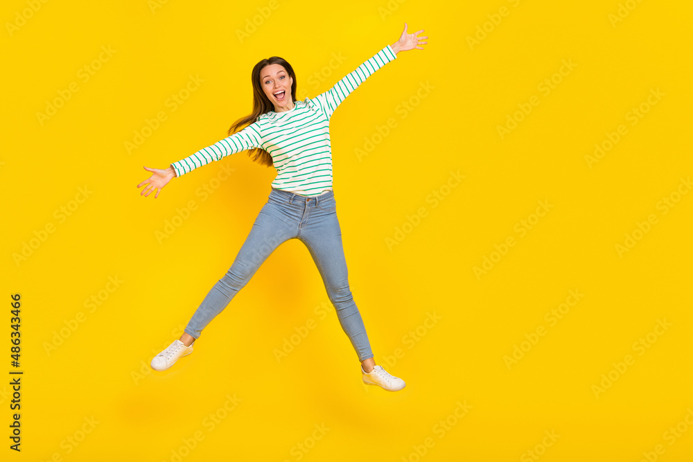 Full size photo of young girl have fun jumper dream wear casual clothes ...