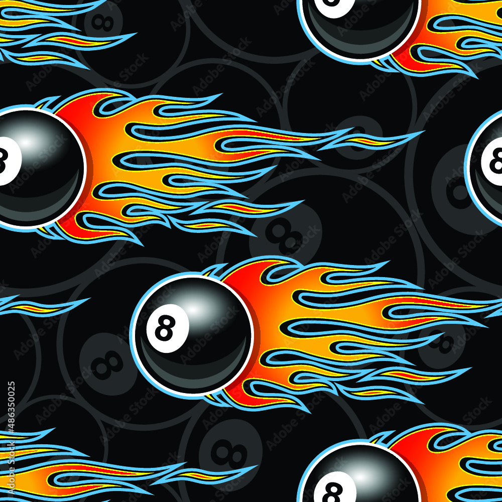 8 ball with fire flame billiard vector seamless pattern digital paper ...