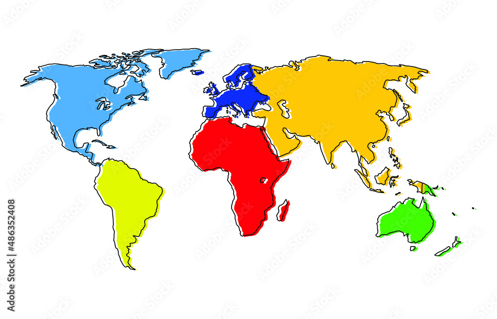 Colorful outlined World Map divided into six continents on white ...