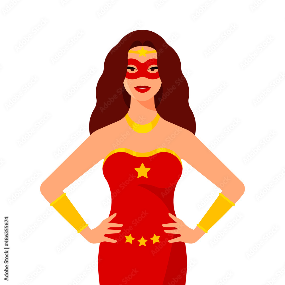 Superhero woman. Wonder female hero in red superhero costume. Beautiful ...