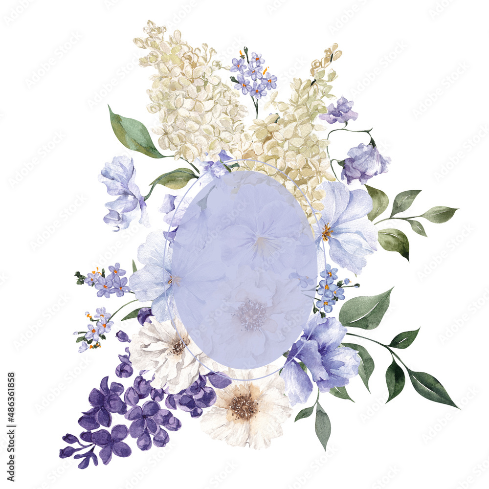 Watercolor frame with spring flowers and leaves, isolated on white ...