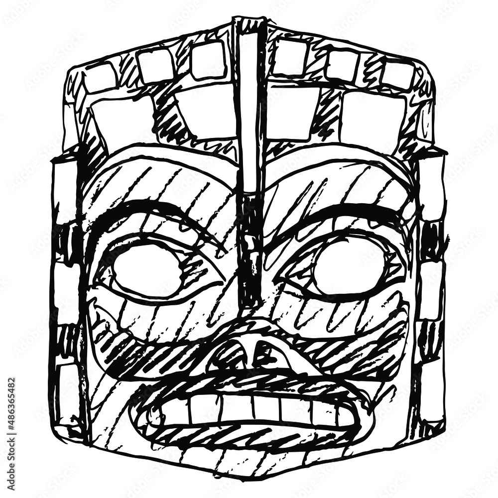 Native American ethnic mask of Haida Indians. Hand drawn linear doodle ...