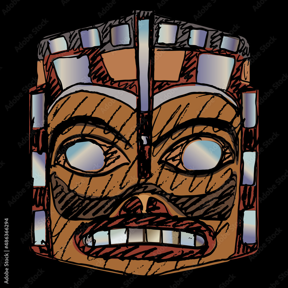 Native American ethnic mask of Haida Indians. Hand drawn colorful rough ...
