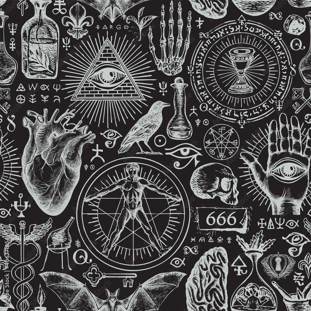 Abstract hand-drawn seamless pattern on a theme of occultism, satanism ...