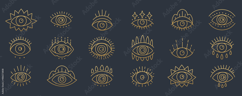 Line art icon set of evil seeing eye. Gold mystic esoteric amulet ...