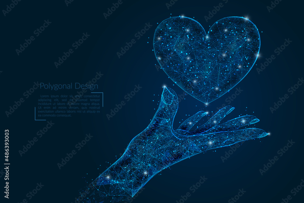 Abstract isolated image of human hand holding heart. Polygonal low poly ...