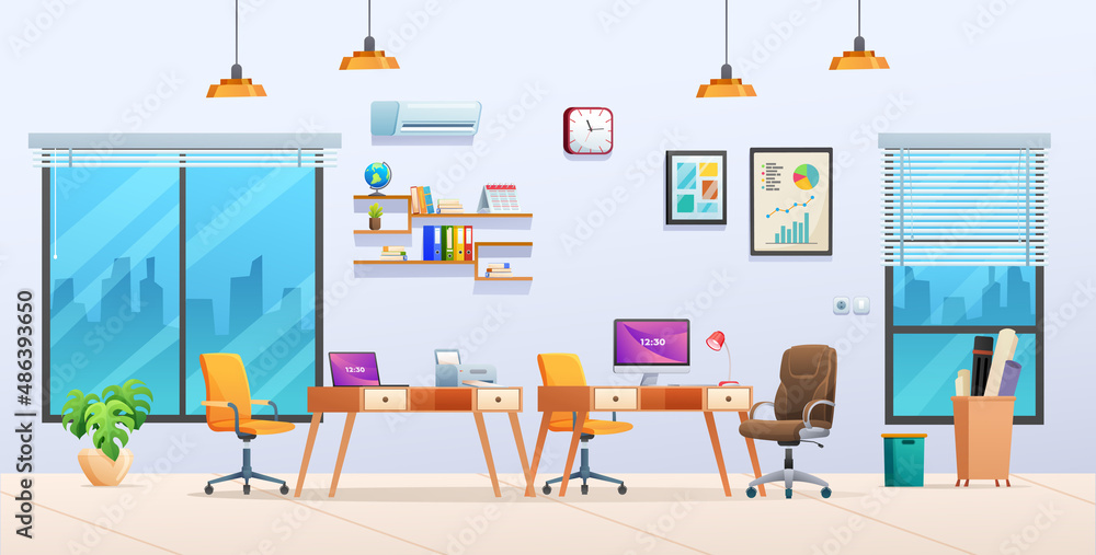 Office interior design cartoon illustration Stock Vector | Adobe Stock
