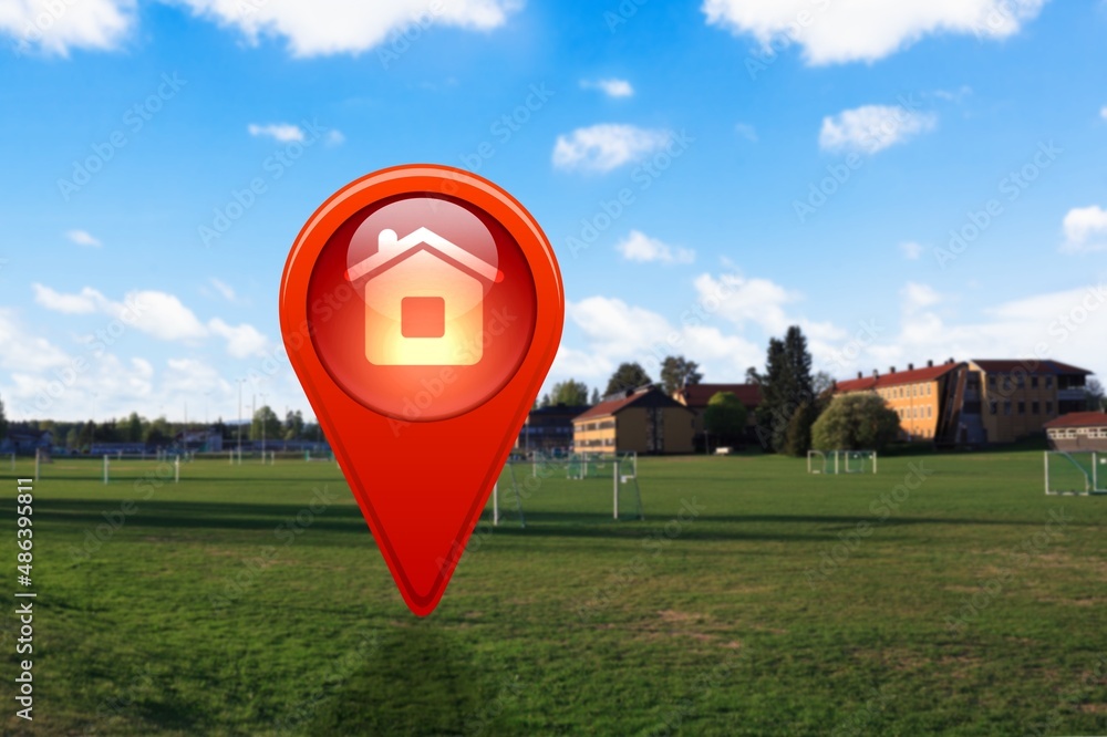 House symbol with location pin icon on earth in real estate sale or ...