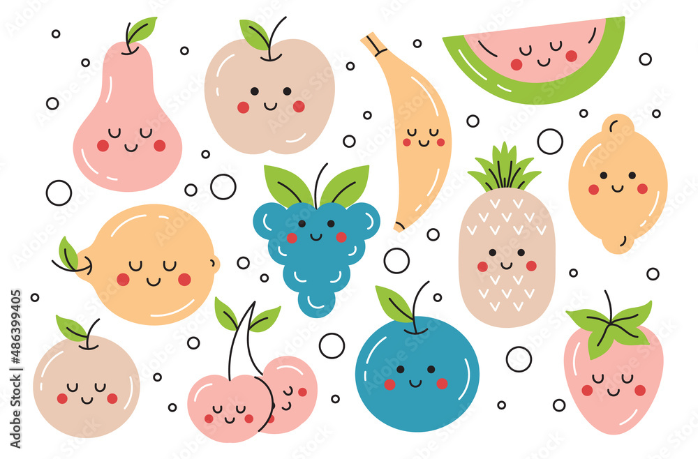 A set of illustrations of cute kawaii fruits. Children's drawing ...