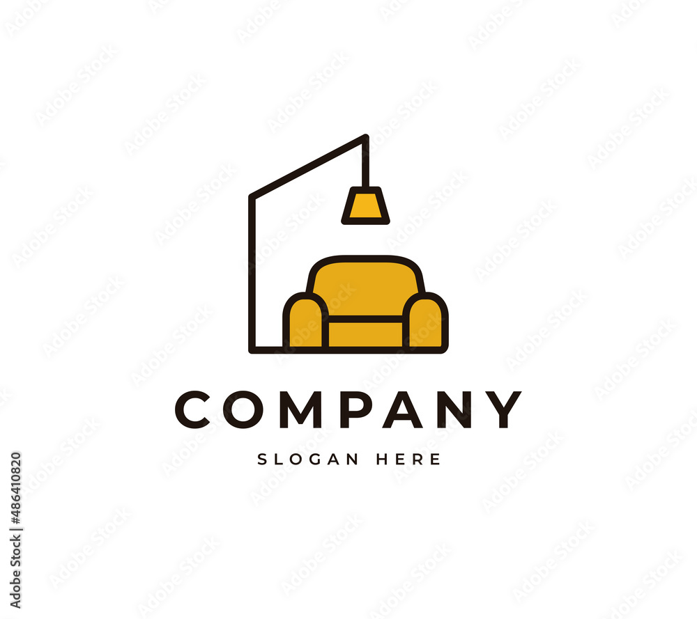 Lamp light chair house interior vector logo design. Minimalist line ...