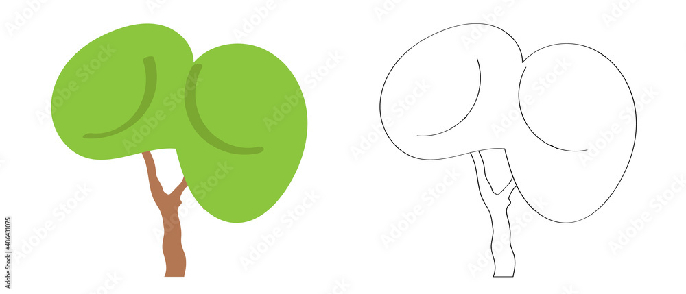 Tree with green leaves, flat vector cartoon illustration. Template for ...