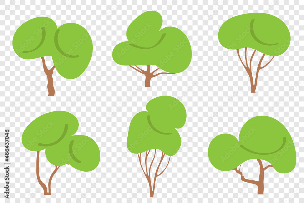 Set of trees with green leaves, flat vector cartoon illustration ...