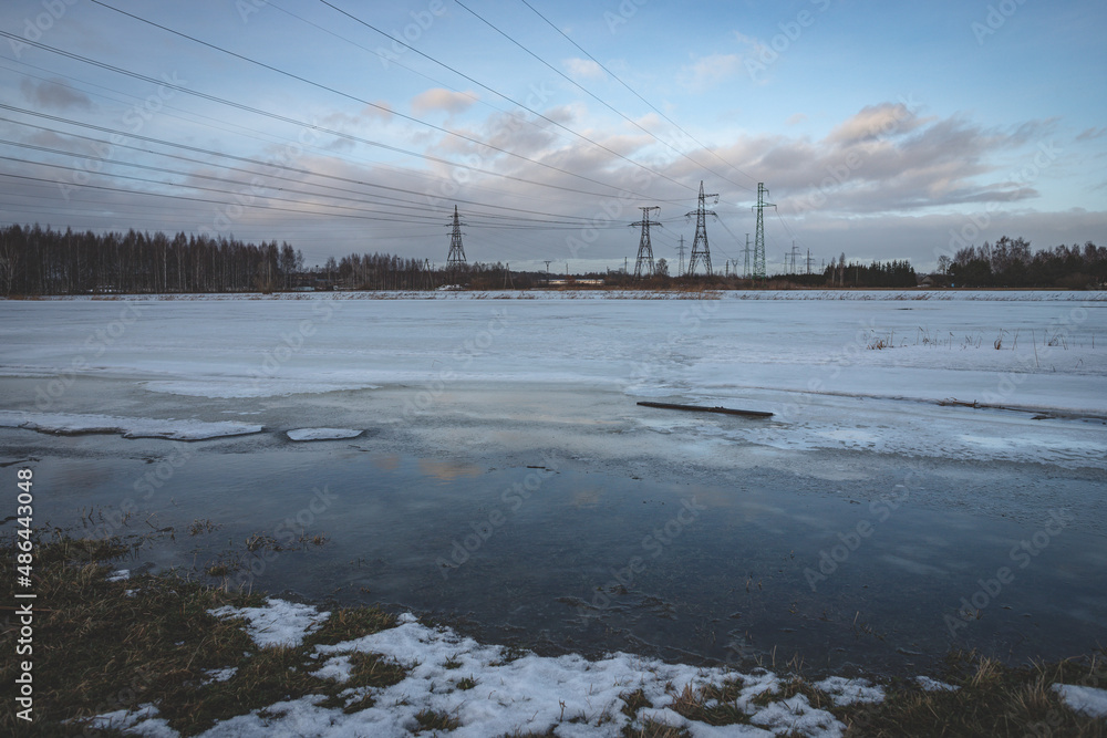 high voltage electric power lines in flood region, Jelgava, Latvia ...