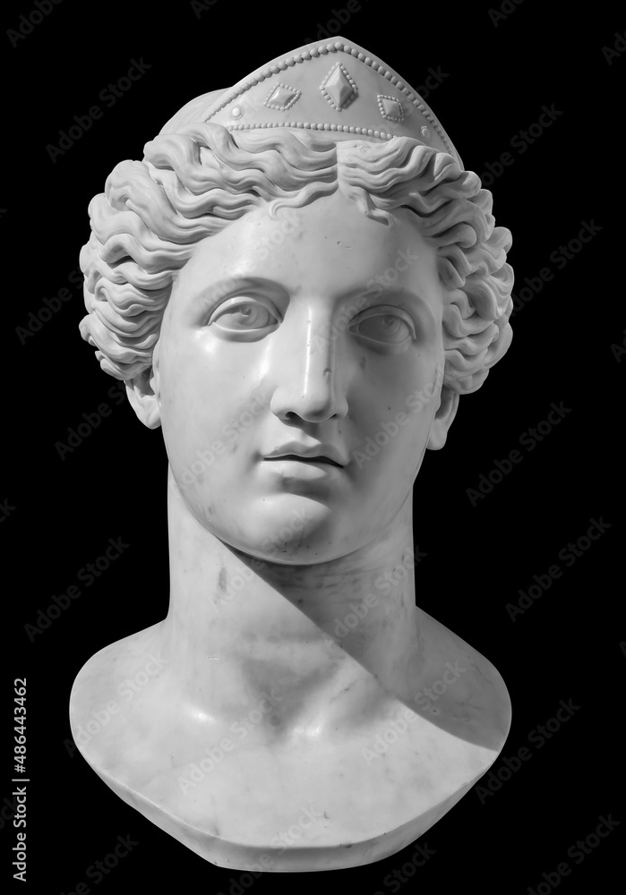 Gypsum copy of ancient statue Venus head isolated on black background ...