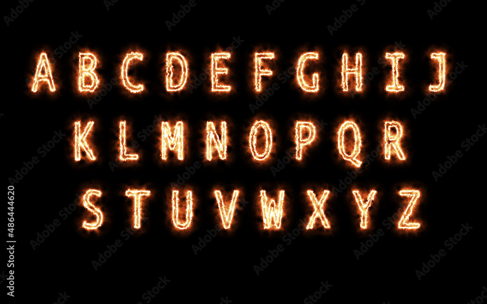 Burning Letters in Order. Flaming Alphabets Set with Fire Flames and ...