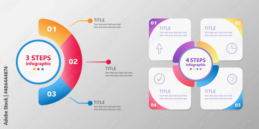 Business infographics. A set of diagrams consisting of 3 and 4 steps. 3 ...