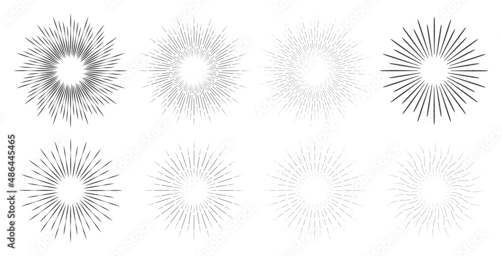 Sunburst icon set. Vintage sun burst line. Explosion, firework, sparks ...