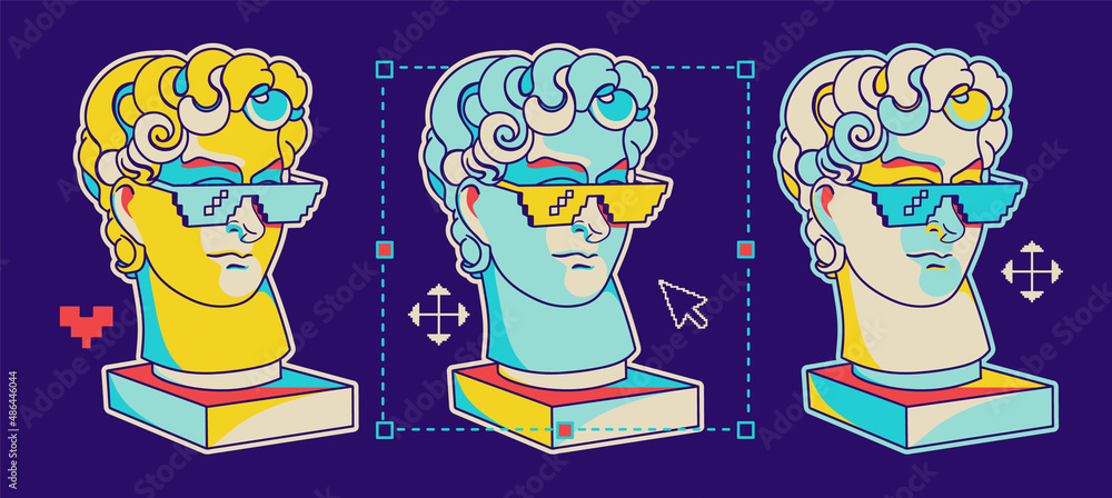 Collage with ancient sculpture in sunglasses and nostalgia 8-bit user ...