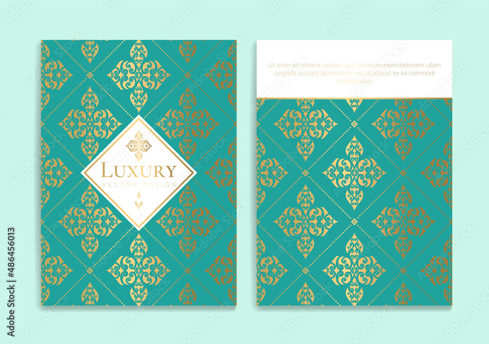 Turquoise and gold invitation card design with vector ornament pattern ...