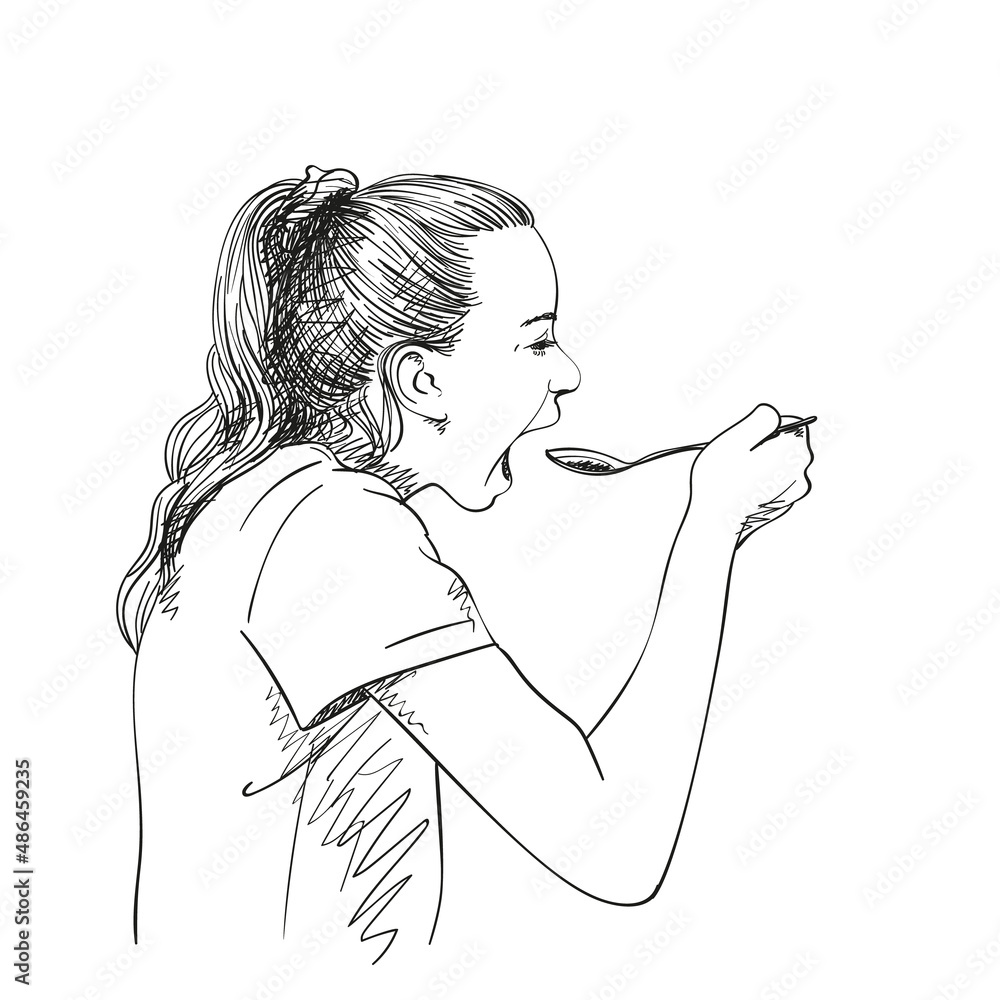 Hand drawn sketch of eating teenage girl with her mouth wide opened ...