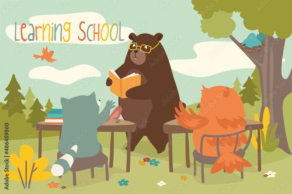 Learning school concept background. Cute animals studying in forest ...
