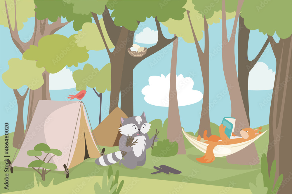 Camping with friends concept background. Cute animals rest with tent ...