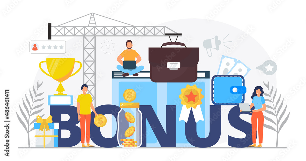 Bonus for worker. Big letters with employees, money, winner cup ...