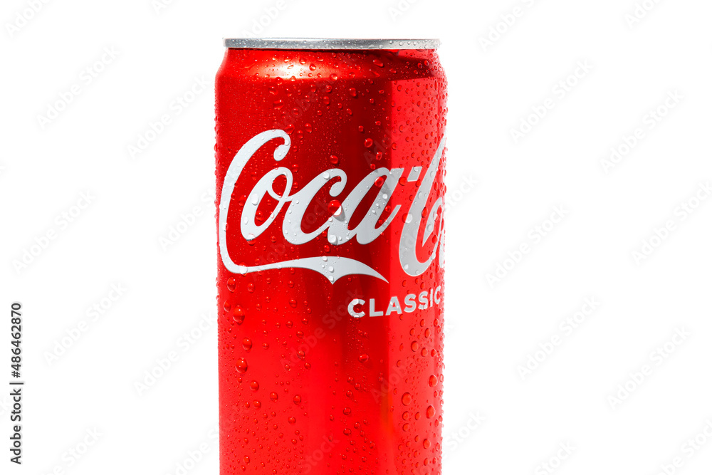 Cold can of Coca-Cola 330ml with water droplets isolated on white ...