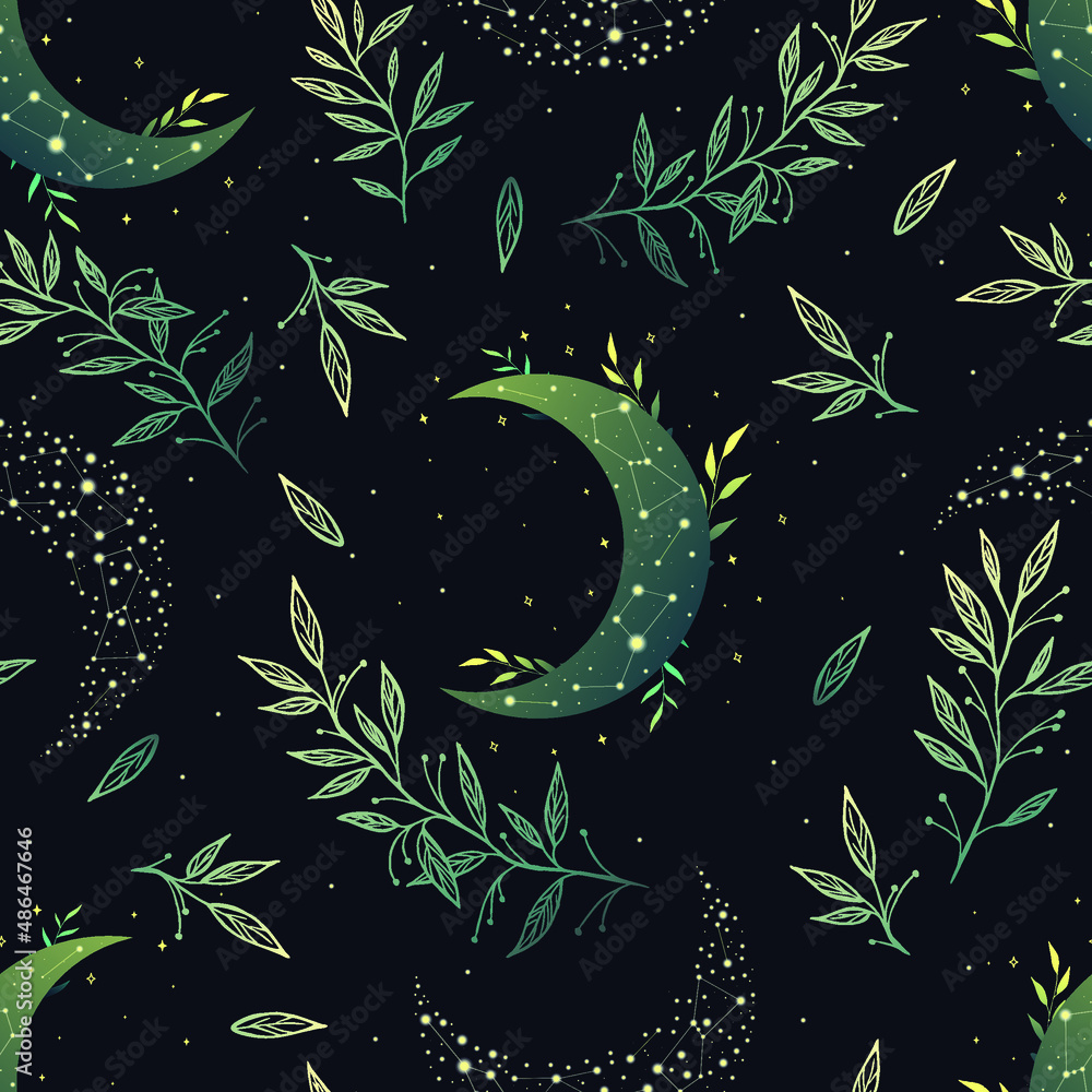 Dark celestial seamless pattern. Boho magic background with space ...