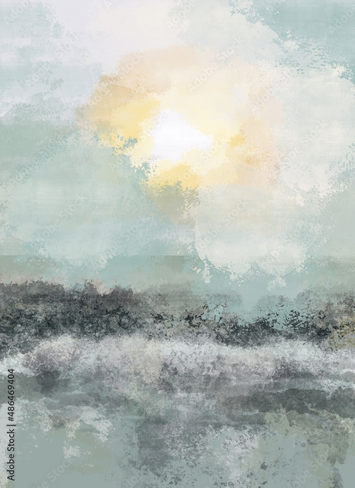 Boho Sea Beach with Waves Print with Sun under the sea. Abstract ...