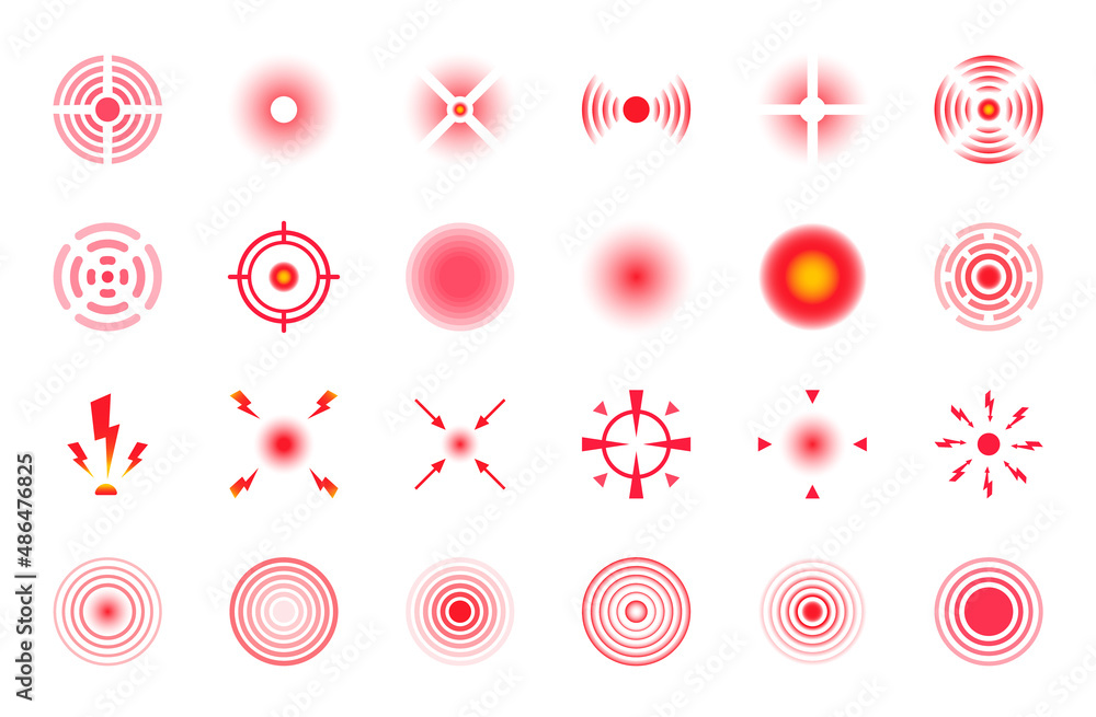 Red pain circles. Pain localization sign and pain pointings. Circles ...