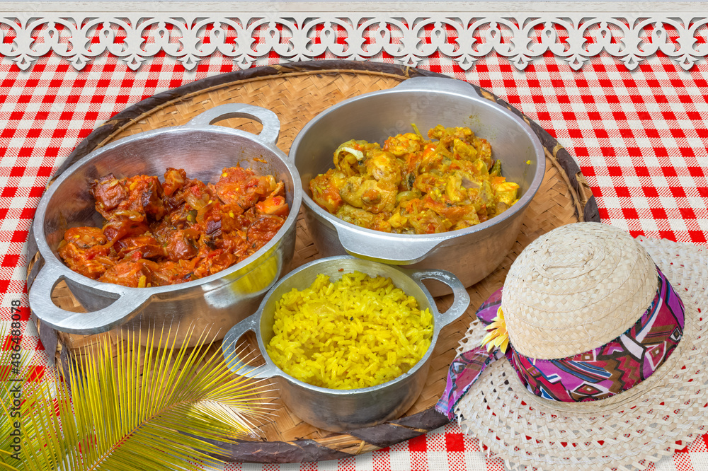 Plats créoles typiques de la Réunion, saucisses boucané, cari poisson ...