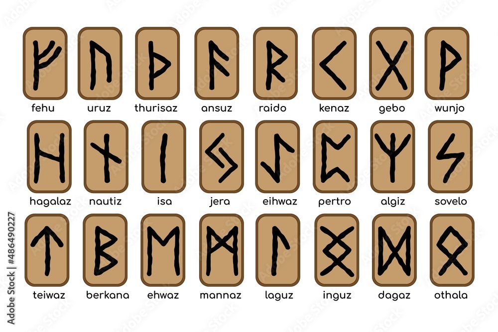 Vetor de Vector wooden runes set. Futhark, Rune alphabet, writing ...