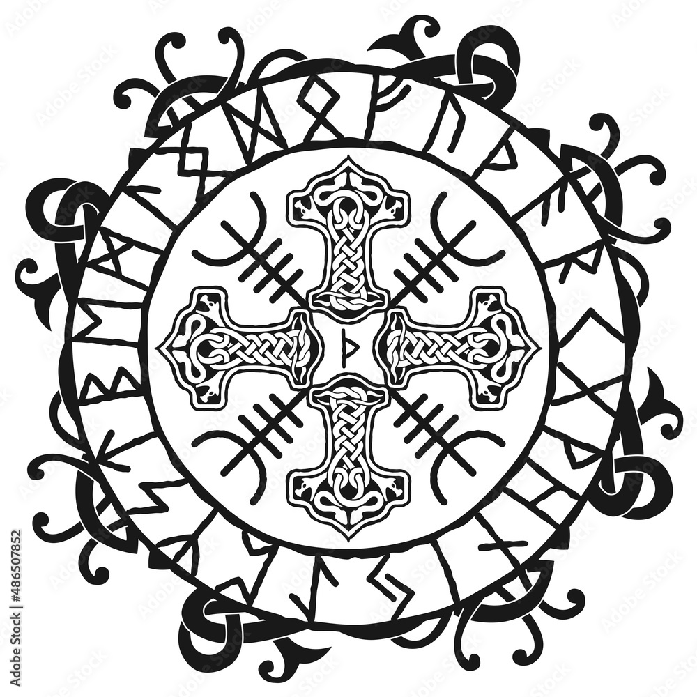 Vetor de Mjolnir Thors hammer, drawing in celtic knot design. Norse ...
