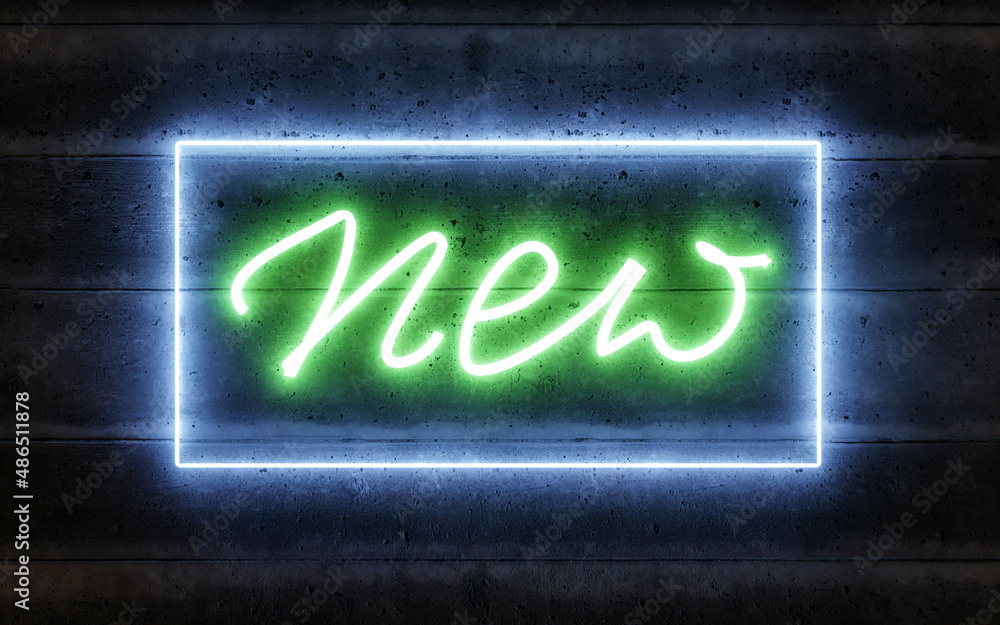 neon sign with the word new written in hand written letters on a ...