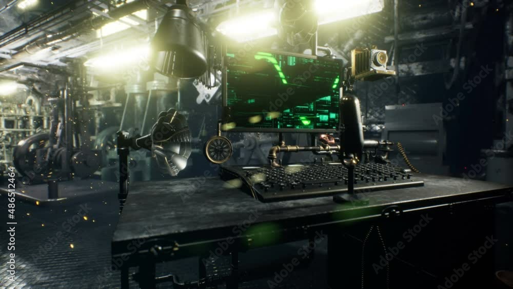 Vintage old terminal to control a vintage steampunk style factory. The ...