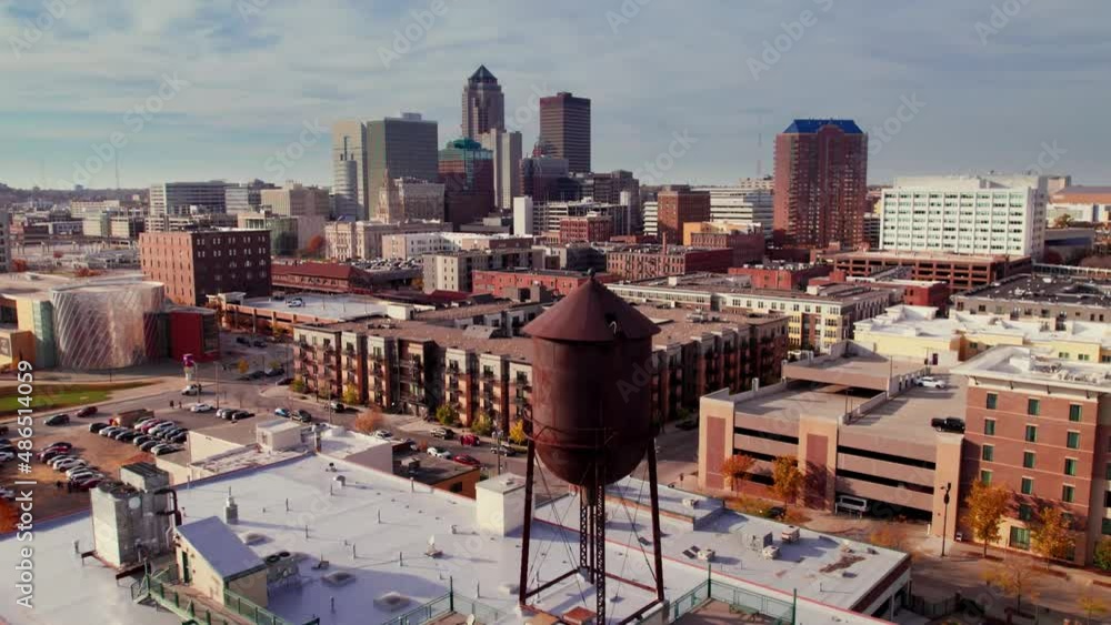 Downtown Des Moines, Iowa skyline in early fall. Drone aerial shot from ...