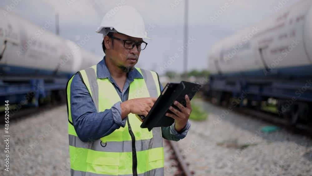 Engineer under inspection and checking construction process railway ...