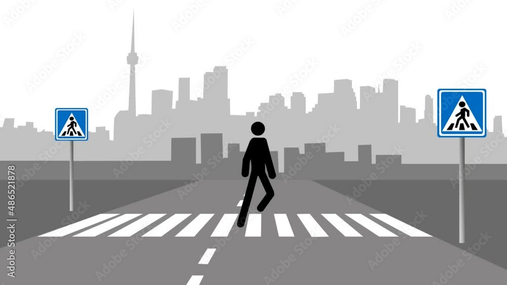 Cityscape with a stickman crossing the road at zebra crosswalk ...