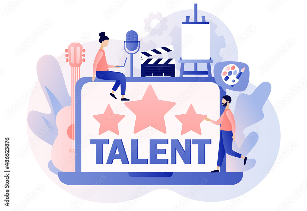 Talent - text on laptop screen. Talented tiny people. Super star. Open ...