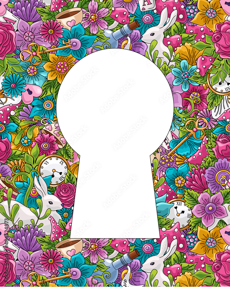 Wonderland card. Frame and place for text. Bright colored cartoon ...