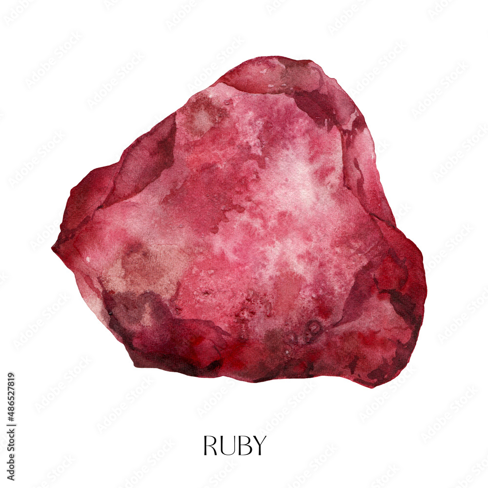 Watercolor abstract ruby stone. Hand painted jewel stone isolated on ...