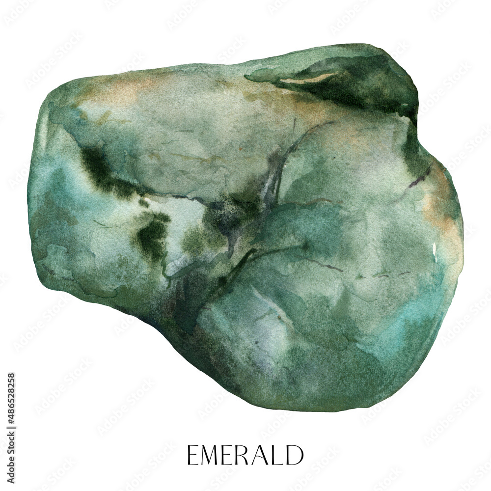 Watercolor abstract emerald stone. Hand painted jewel stone isolated on ...