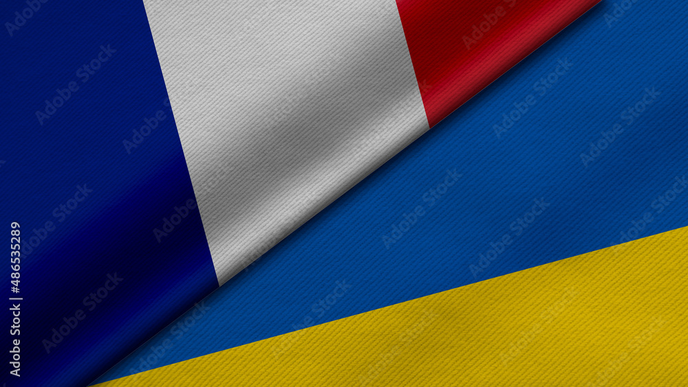 3D Rendering of two flags from French Republic and ukraine together ...