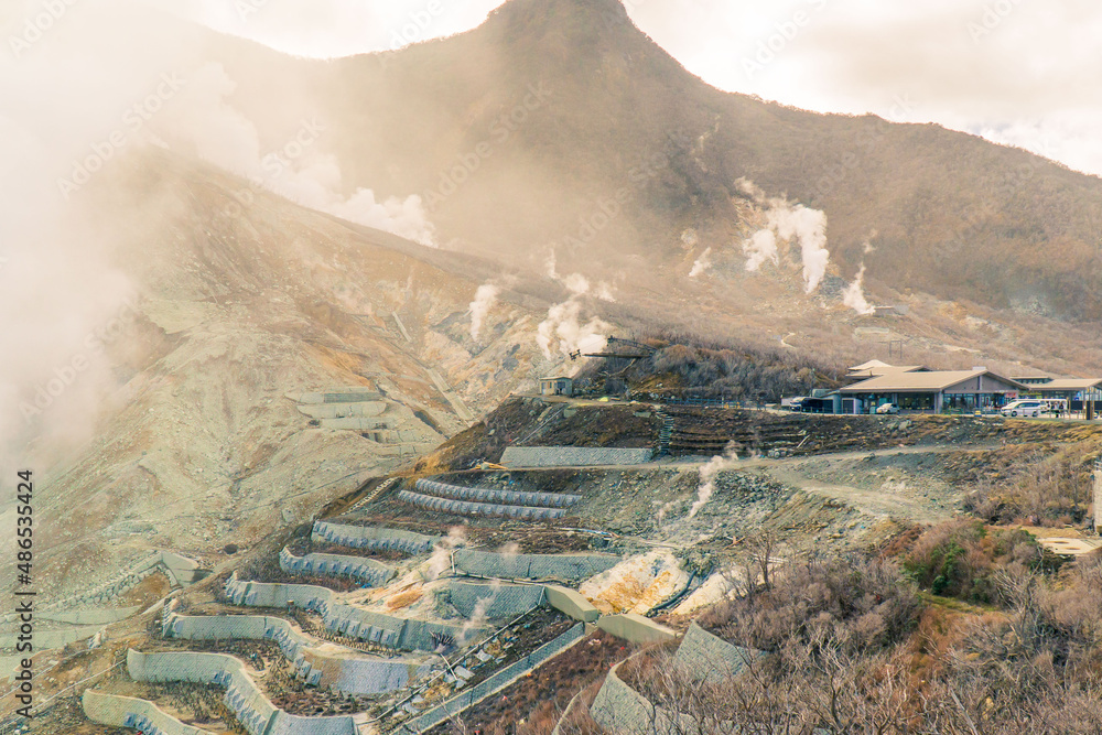 Owakudani volcanic valley, with sulphur vents and hot springs in Hakone ...