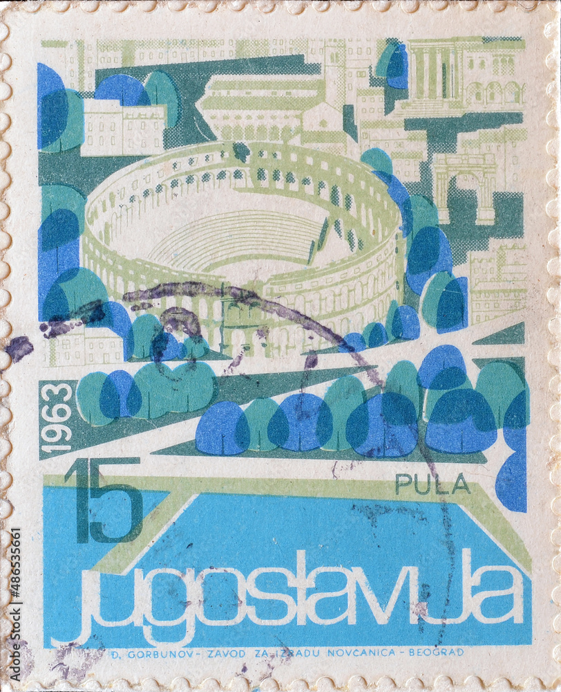 Cancelled postage stamp printed by Yugoslavia, that shows Pula, circa ...