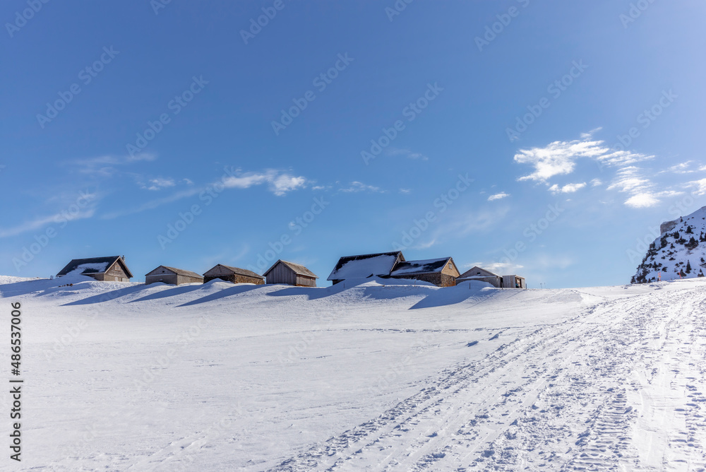 Isolated summer chalet and farm stables high up on the Swiss Alps ...
