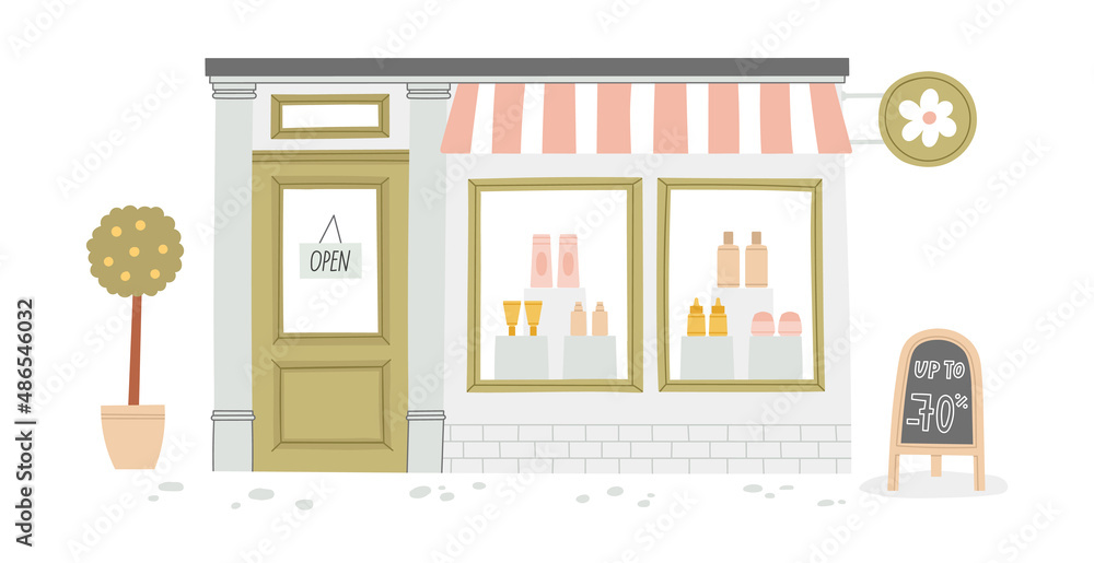 Vector illustration of cute shop with beauty products and cosmetics ...