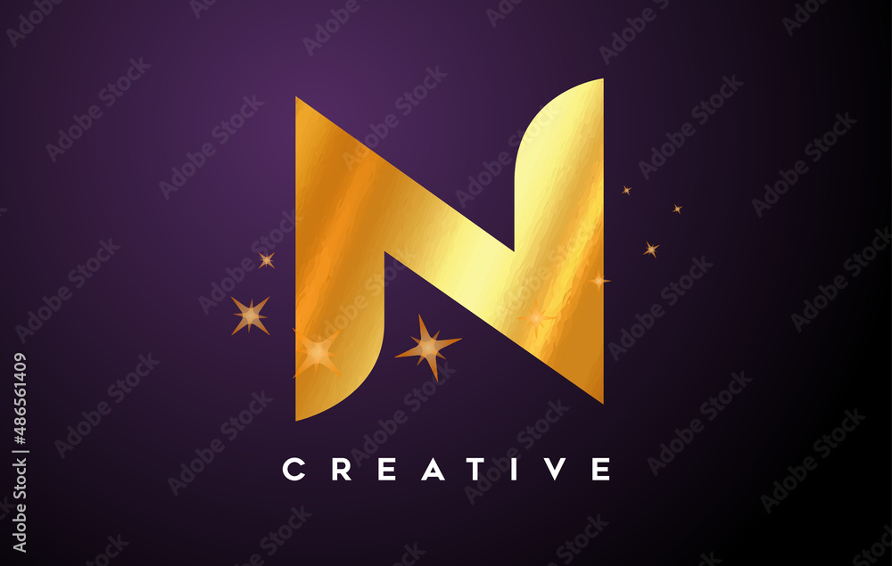 Gold N Letter Logo with Golden Glitter Stars and Gold Foil Texture Icon ...